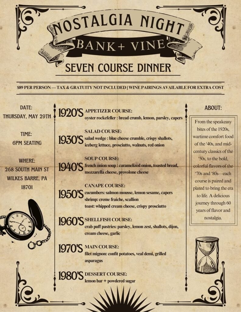 Bank + Vine – Nostalgia Night Dinner | Friedman Hospitality Group